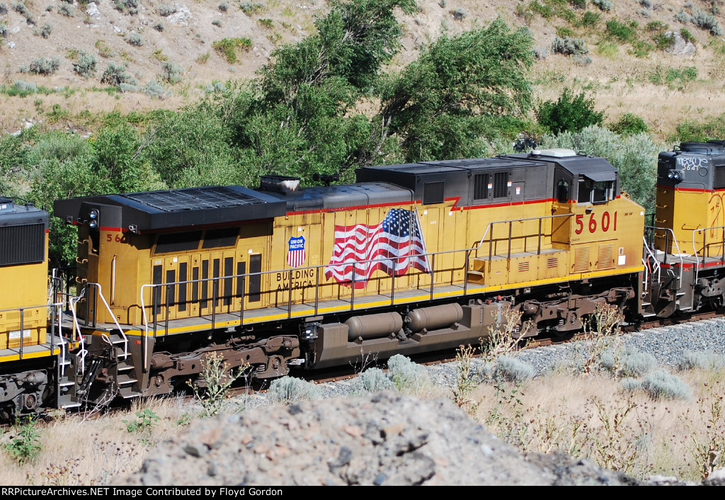 UP 5601 is part of a five unit UP freight working its way up Burnt River Canyon